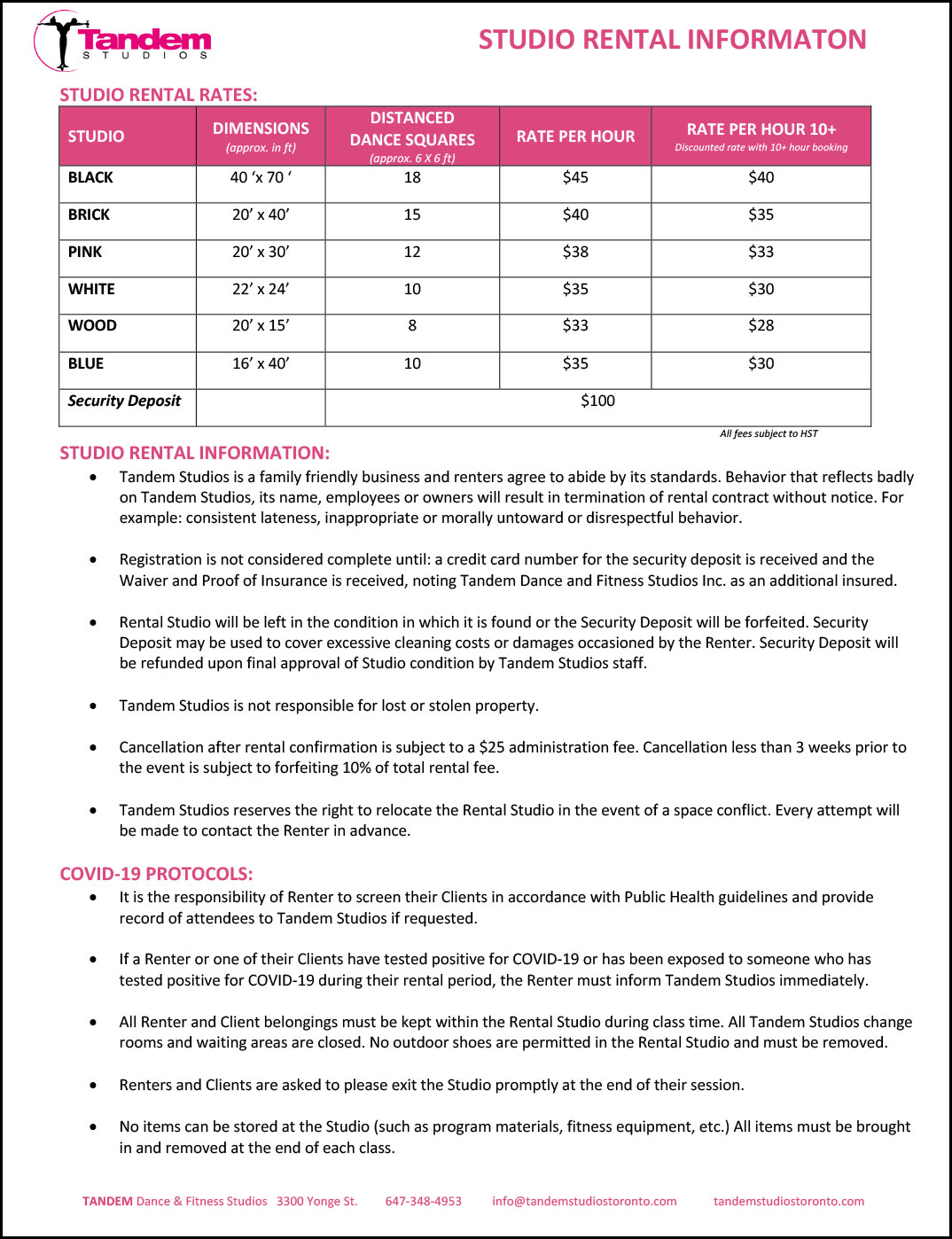 Studio Rental Pricing - Tandem Studios